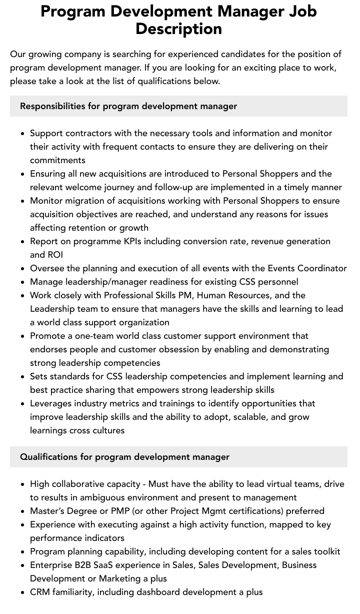Program Development Manager Job Description Velvet Jobs