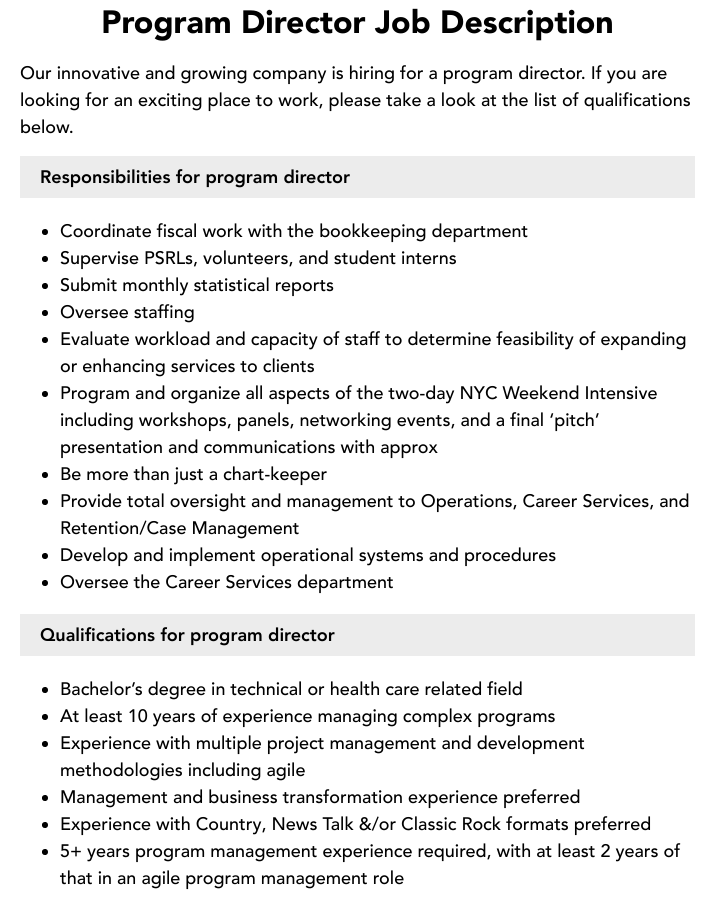 Program Director Job Description Velvet Jobs