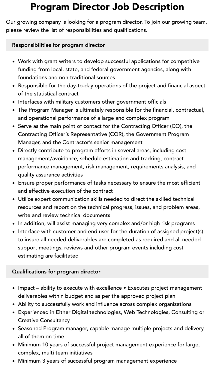 Program Director Job Description Velvet Jobs