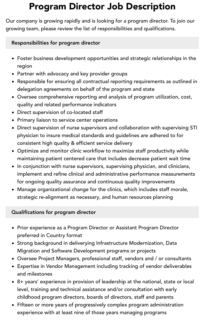 Program Director Job Description Velvet Jobs