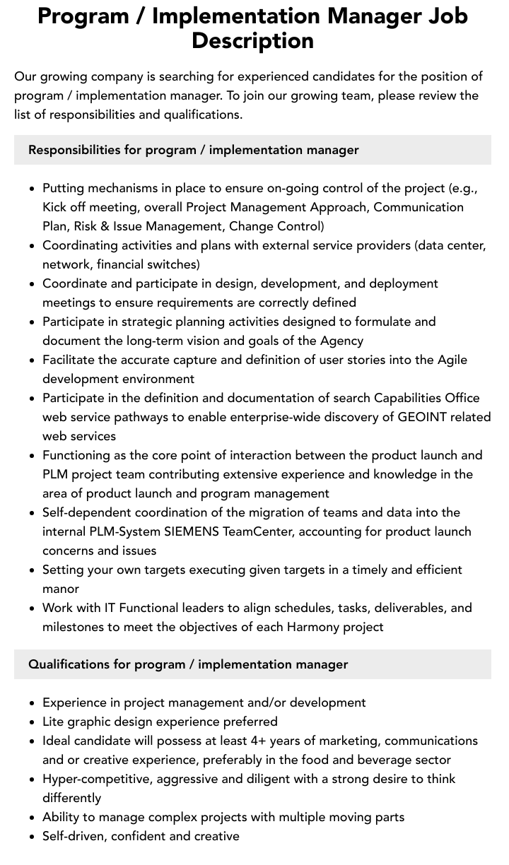 Program Implementation Manager Job Description Velvet Jobs