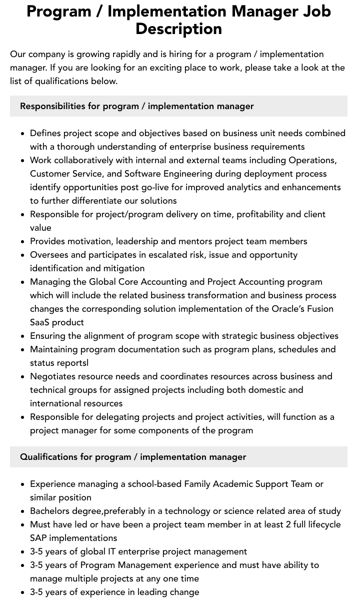 Program Implementation Manager Job Description Velvet Jobs