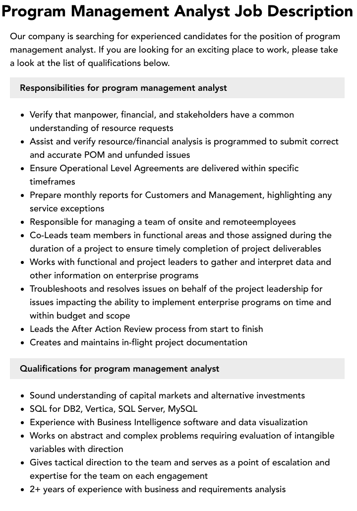Program Management Analyst Job Description Velvet Jobs
