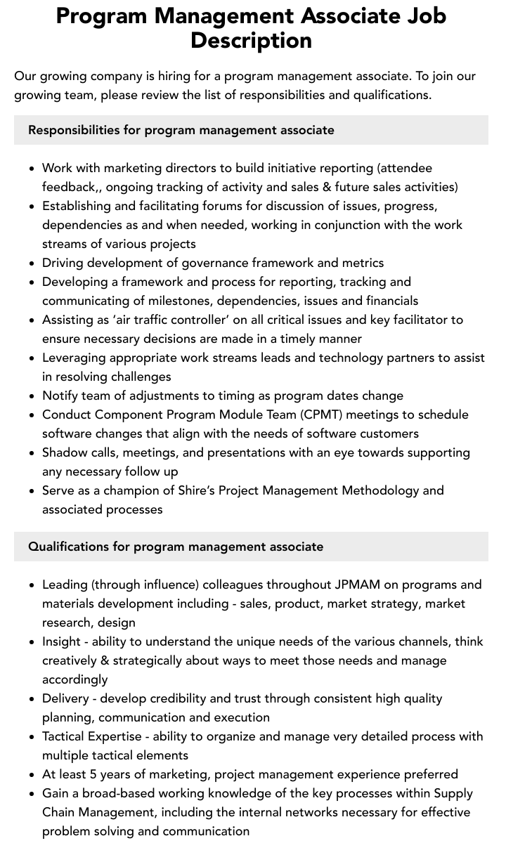Program Management Associate Job Description Velvet Jobs
