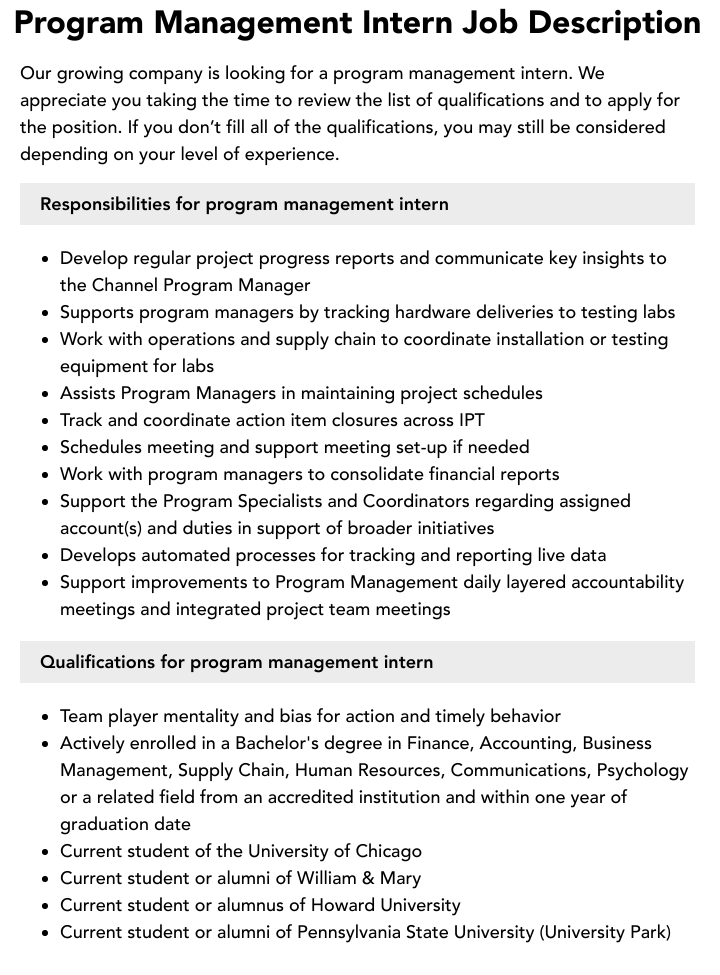 Program Management Intern Job Description Velvet Jobs