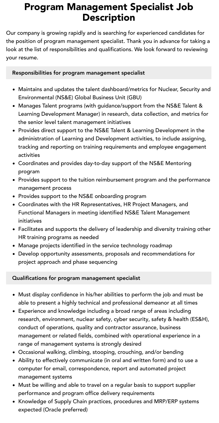 Program Management Specialist Job Description Velvet Jobs Program Management Specialist Job Description Velvet Jobs