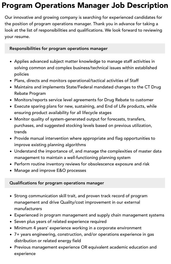 Program Operations Manager Job Description Velvet Jobs