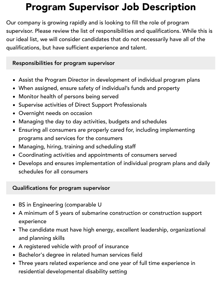 Program Supervisor Job Description Velvet Jobs