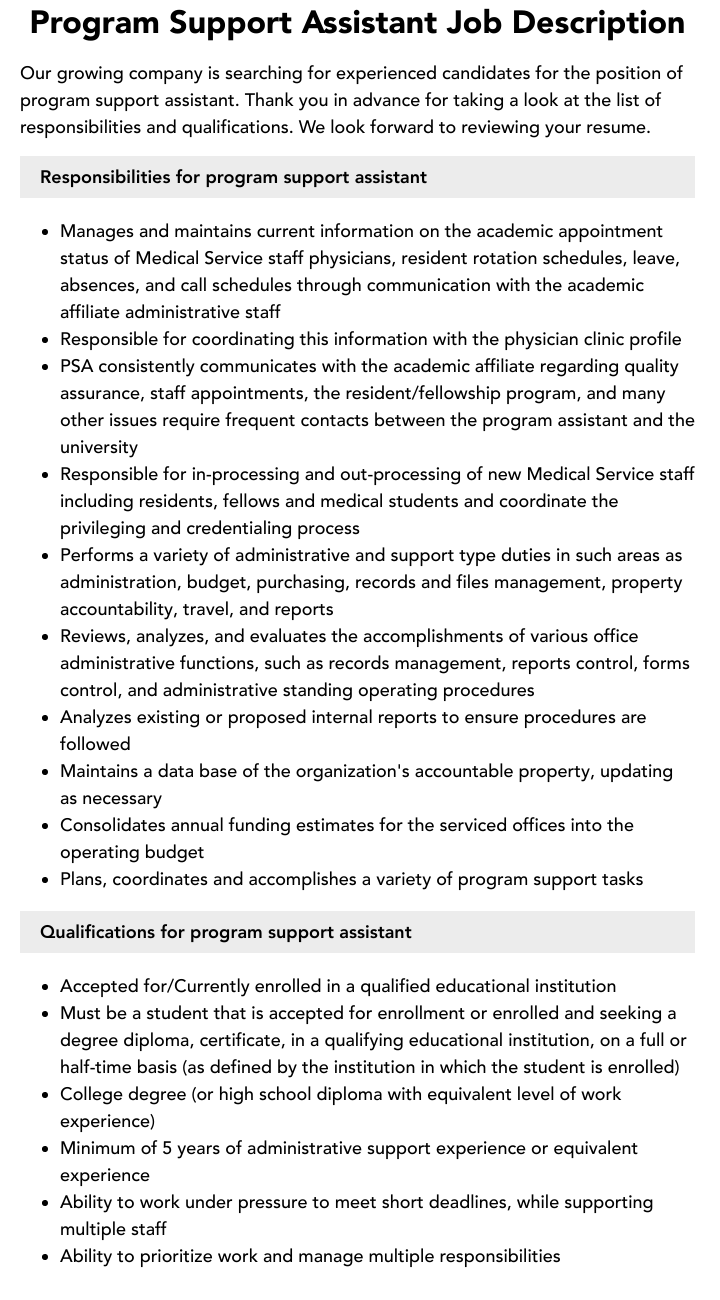 Program Support Assistant Job Description Velvet Jobs