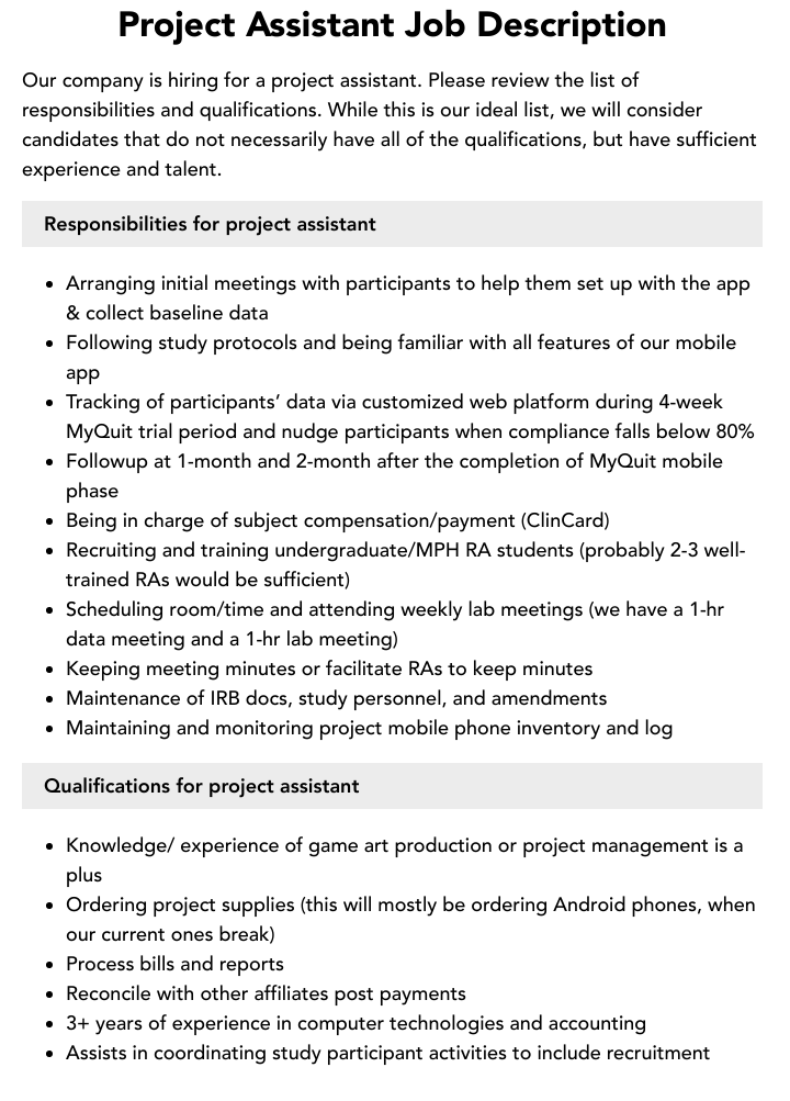 Project Assistant Job Description Velvet Jobs