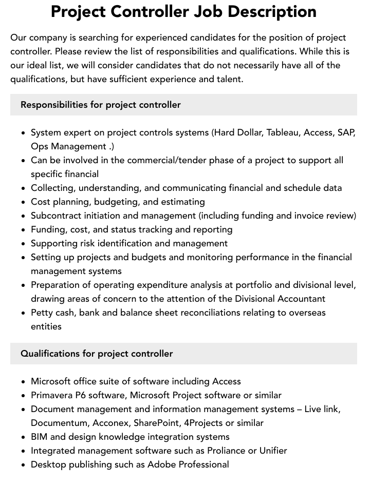 Project Controller Job Description Velvet Jobs
