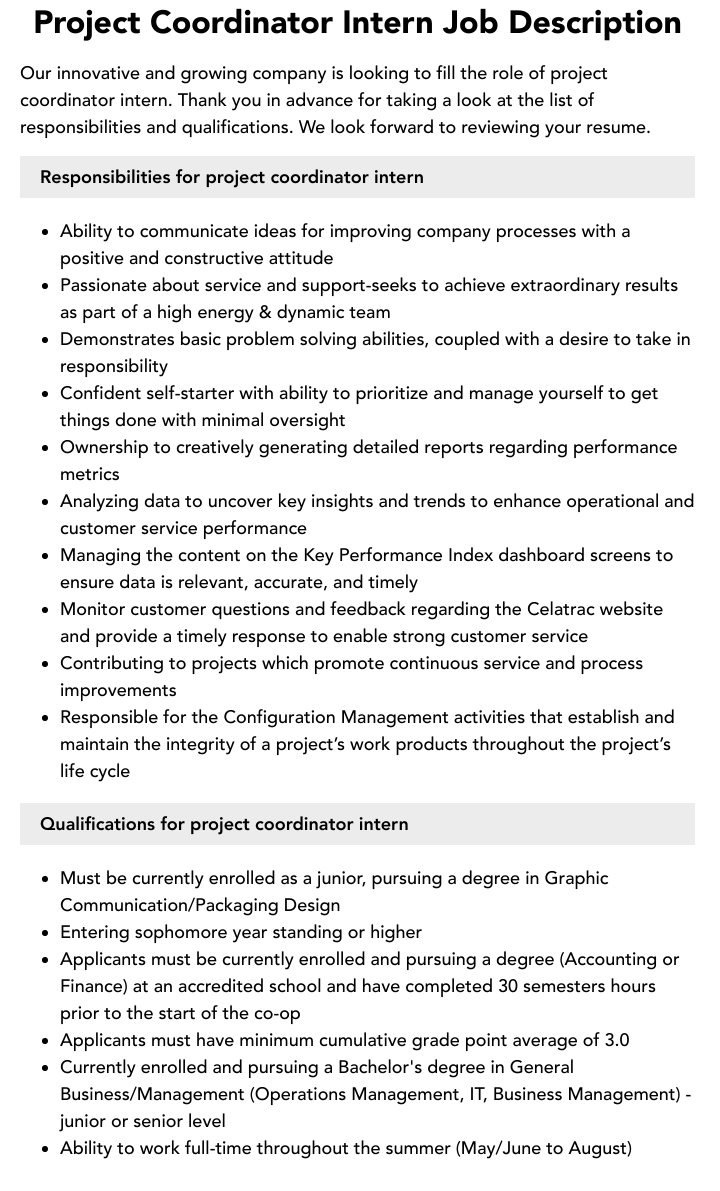 Project Coordinator Intern Job Description Velvet Jobs