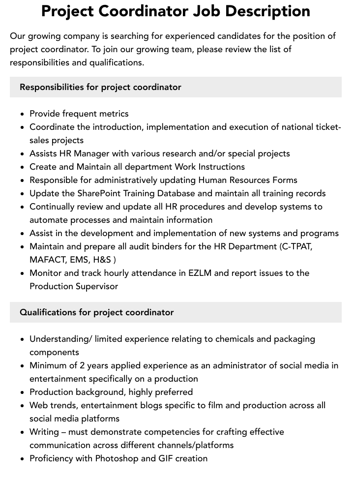 Project Coordinator Job Description Velvet Jobs