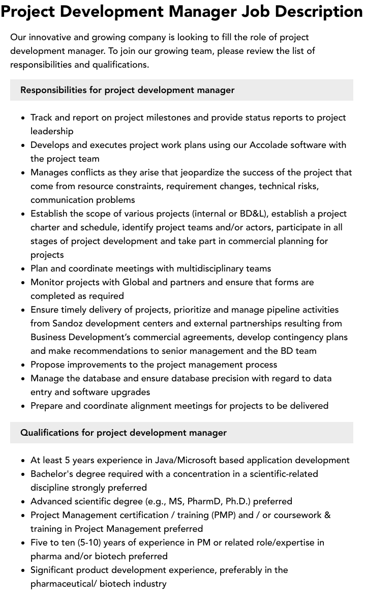 Project Development Manager Job Description Velvet Jobs