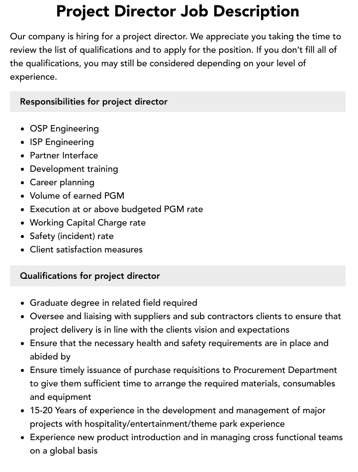 Project Director Job Description Velvet Jobs
