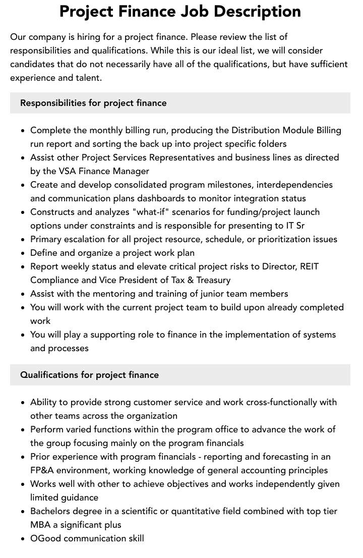 Project Finance Job Description Velvet Jobs Project Finance Job Description Velvet Jobs
