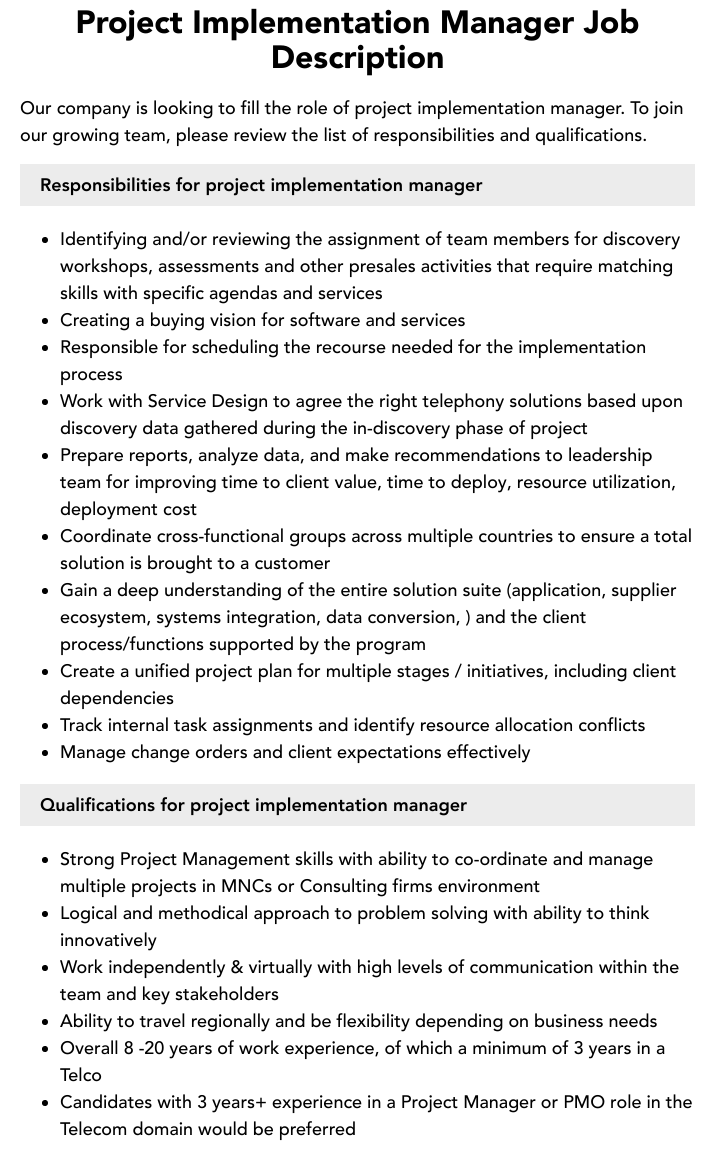 Project Implementation Manager Job Description Velvet Jobs