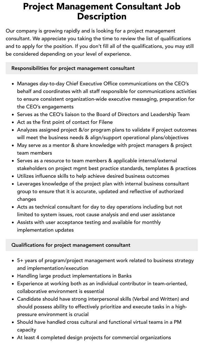 Project Management Consultant Job Description Velvet Jobs