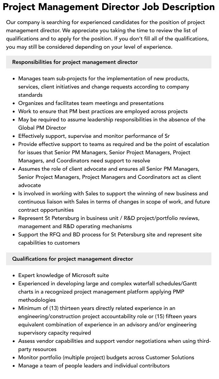 Project Management Director Job Description Velvet Jobs Project Management Director Job Description Velvet Jobs