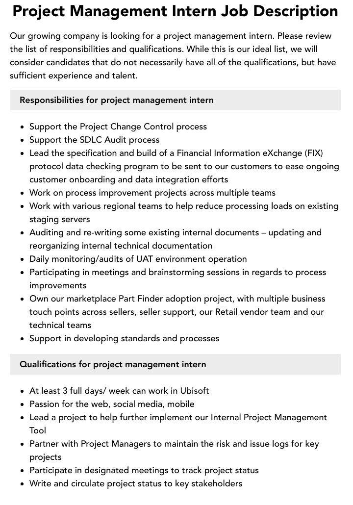 Project Management Intern Job Description Velvet Jobs