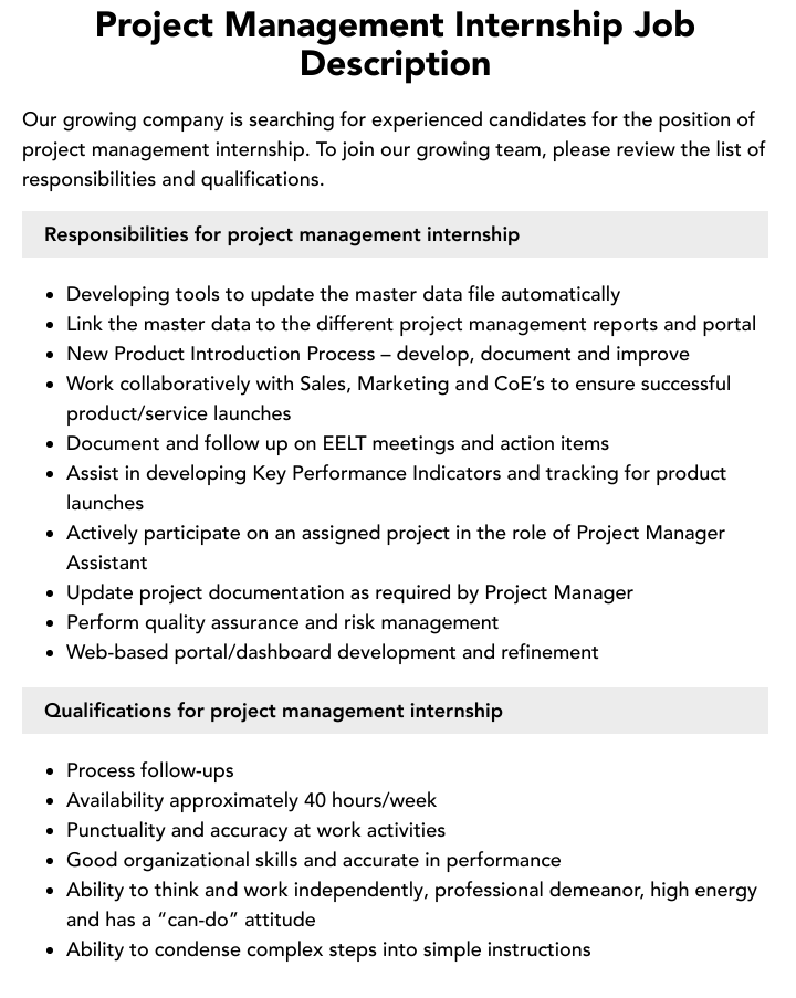 Project Management Internship Job Description Velvet Jobs
