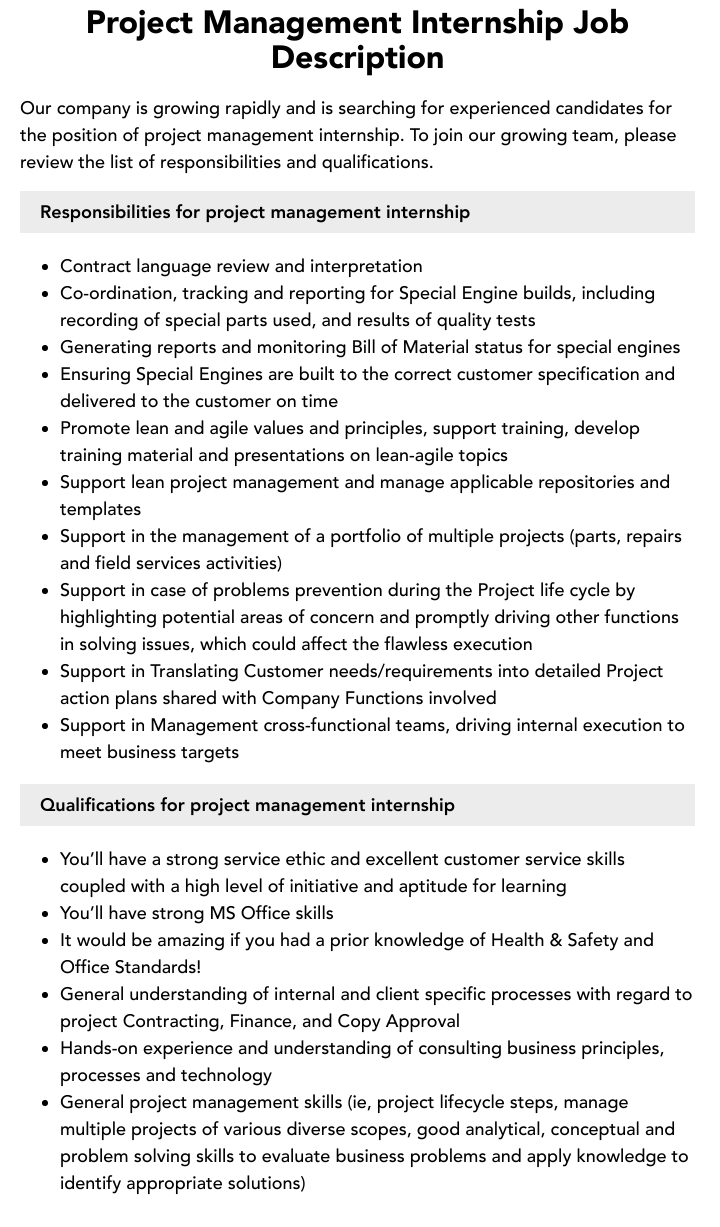 Project Management Internship Job Description Velvet Jobs