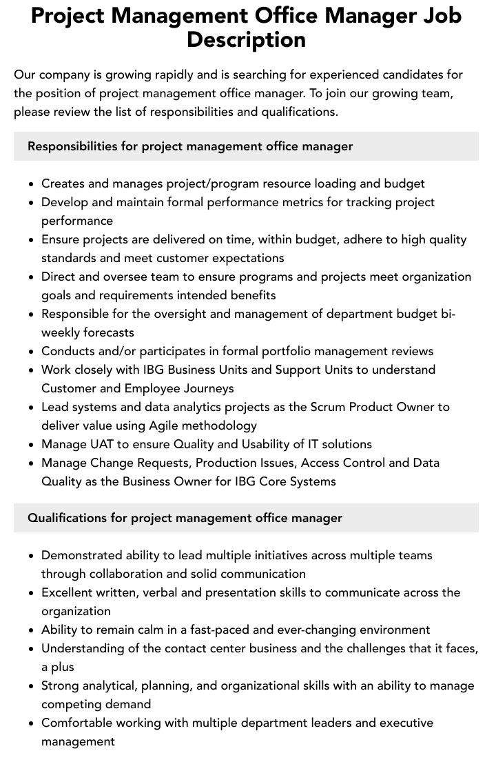 Project Management Office Manager Job Description Velvet Jobs