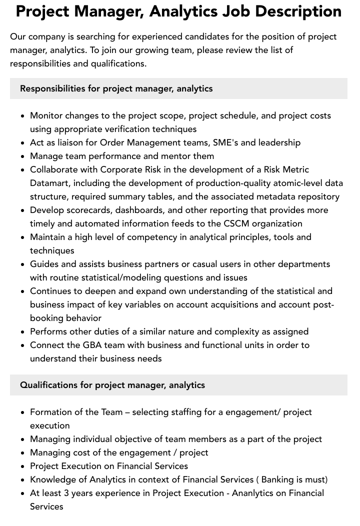 Project Manager Analytics Job Description Velvet Jobs Project Manager Analytics Job Description Velvet Jobs