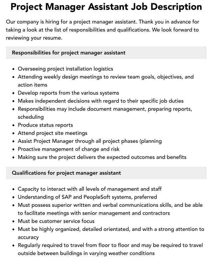Project Manager Assistant Job Description Velvet Jobs