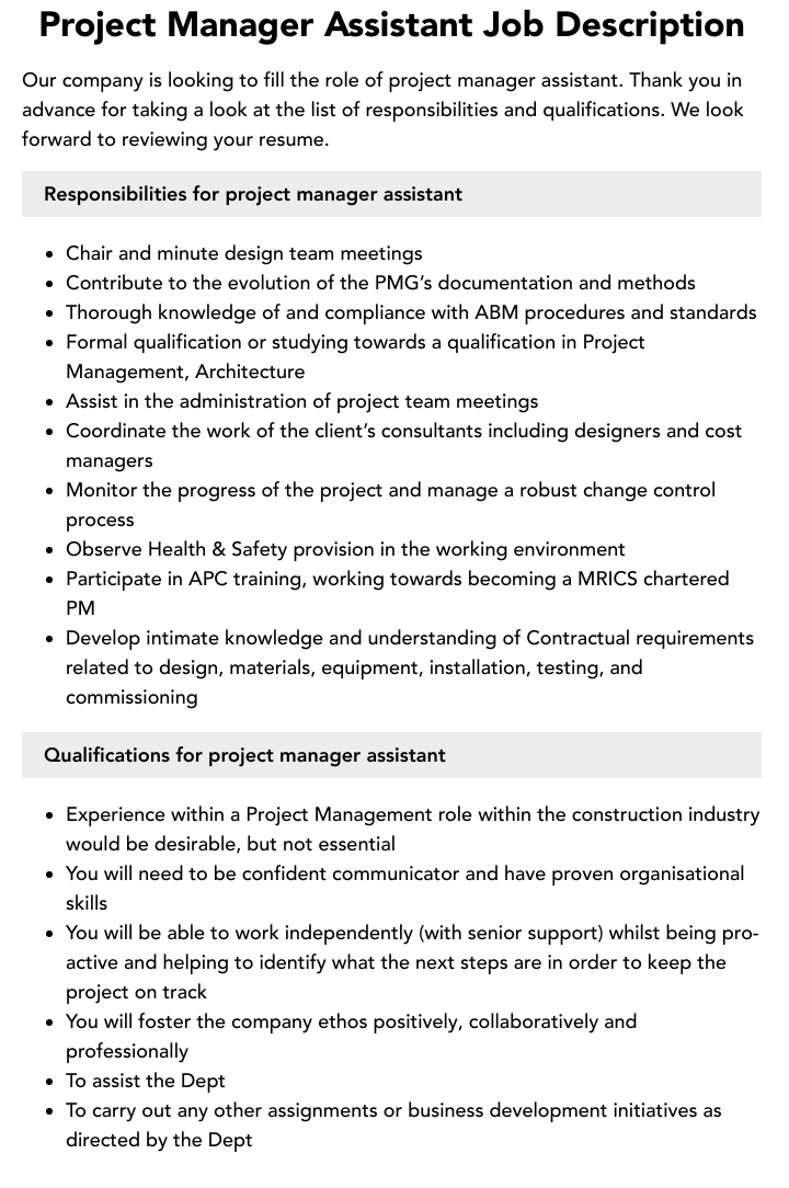 Project Manager Assistant Job Description Velvet Jobs