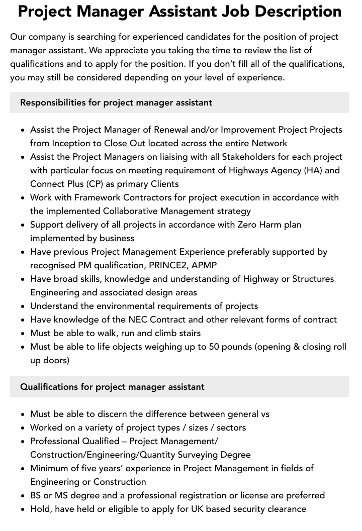 Project Manager Assistant Job Description Velvet Jobs