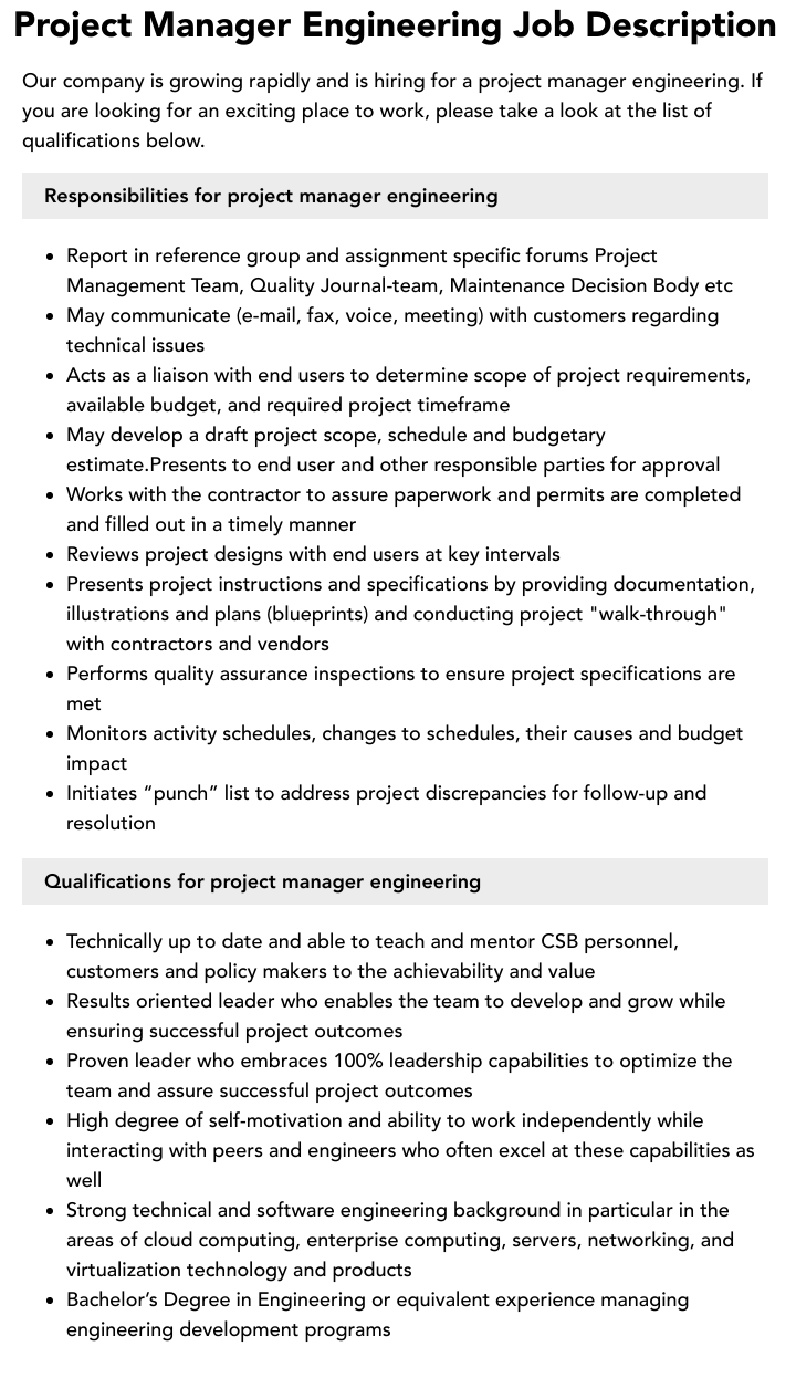 Project Manager Engineering Job Description Velvet Jobs