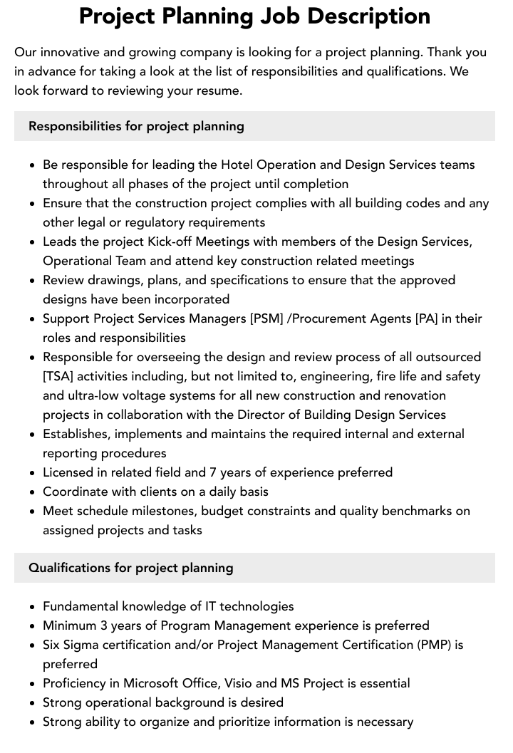 Project Planning Job Description Velvet Jobs Project Planning Job Description Velvet Jobs