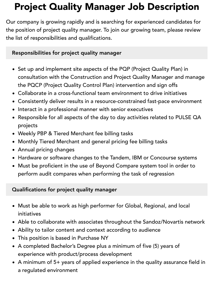 Project Quality Manager Job Description Velvet Jobs