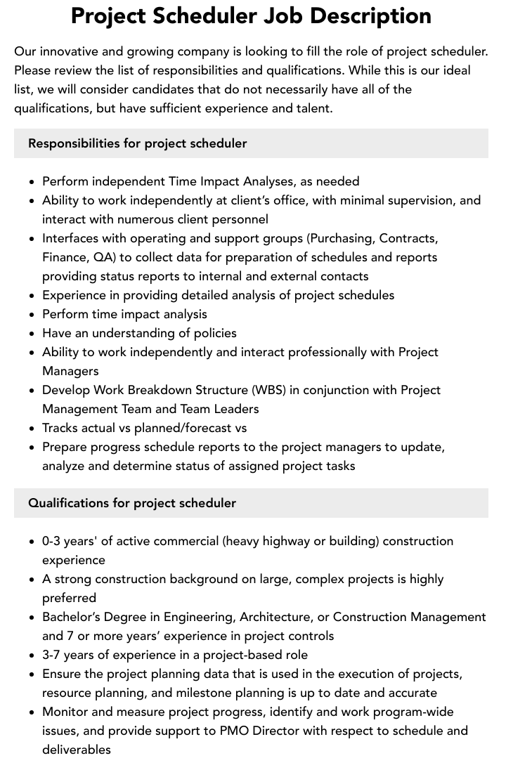 Project Scheduler Job Description Velvet Jobs Project Scheduler Job Description Velvet Jobs