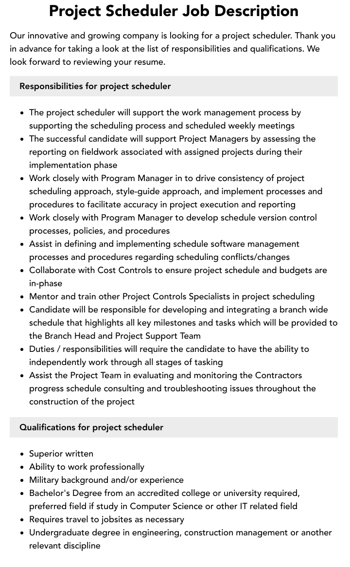 Project Scheduler Job Description Velvet Jobs Project Scheduler Job Description Velvet Jobs