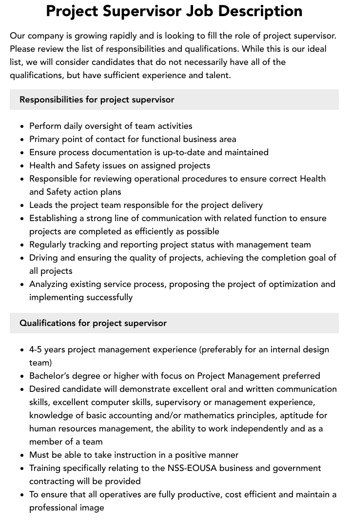 Project Supervisor Job Description Velvet Jobs