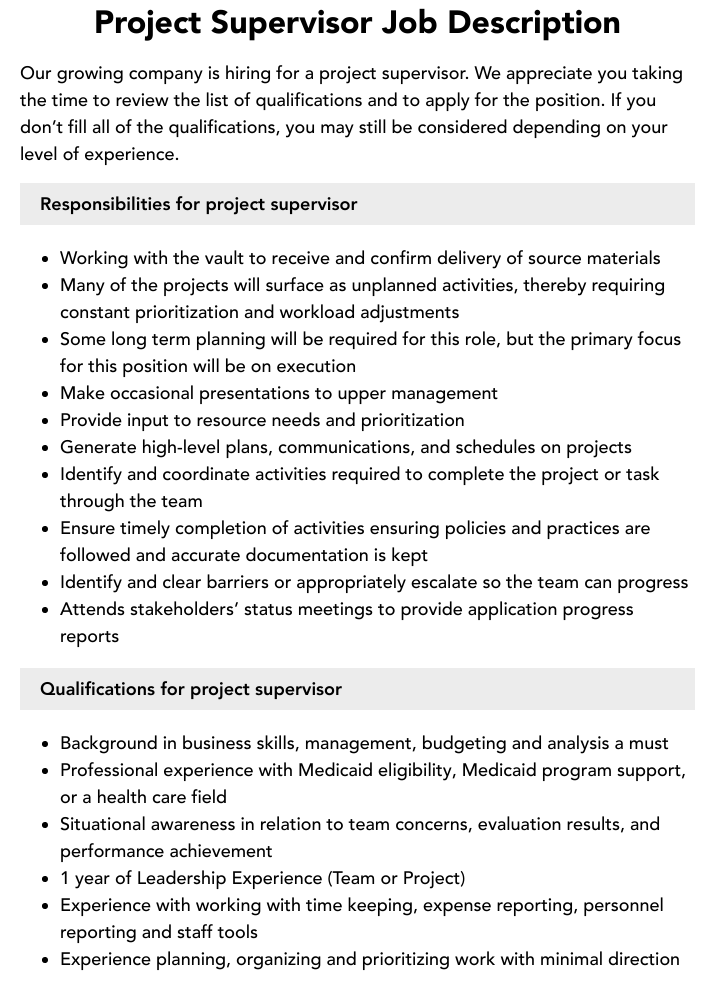 Project Supervisor Job Description Velvet Jobs