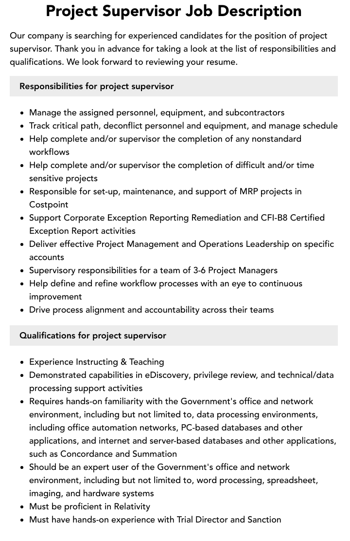 Project Supervisor Job Description Velvet Jobs
