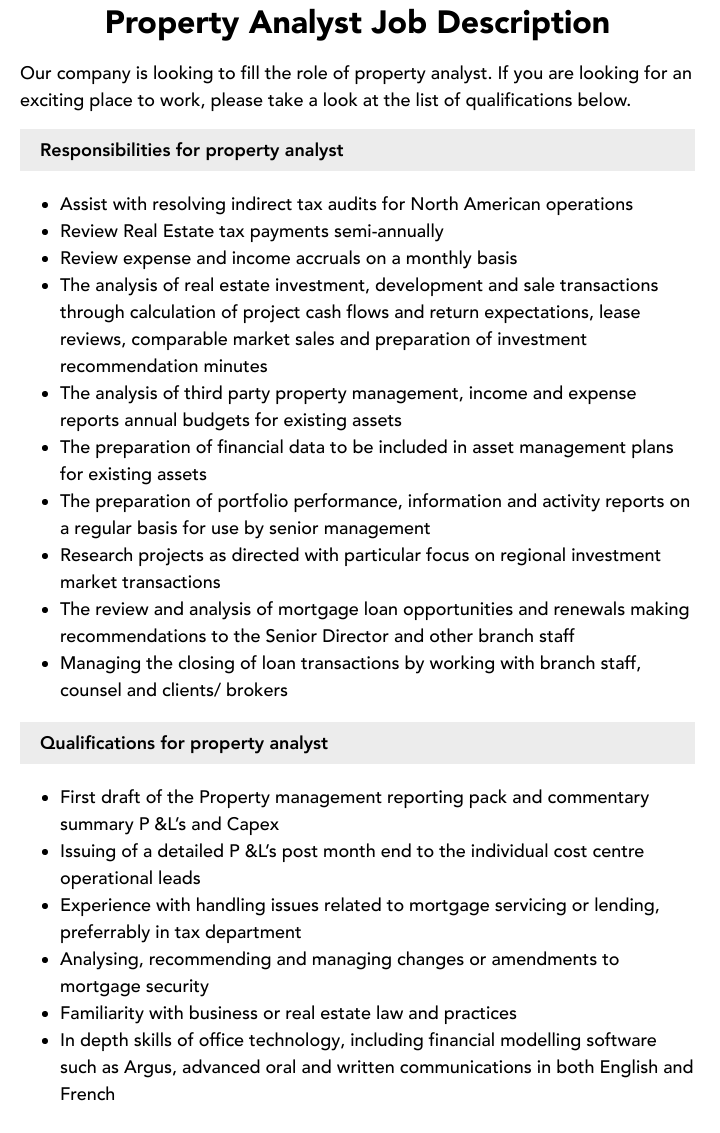 Property Analyst Job Description Velvet Jobs Property Analyst Job Description Velvet Jobs