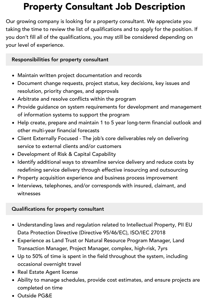 Property Consultant Job Description Velvet Jobs