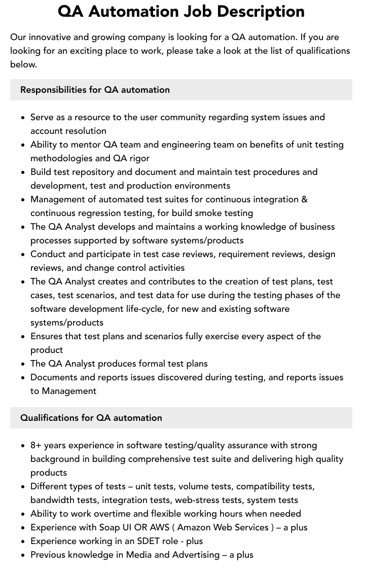 QA Automation Job Description Velvet Jobs