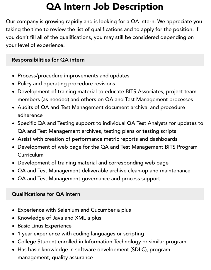 QA Intern Job Description Velvet Jobs