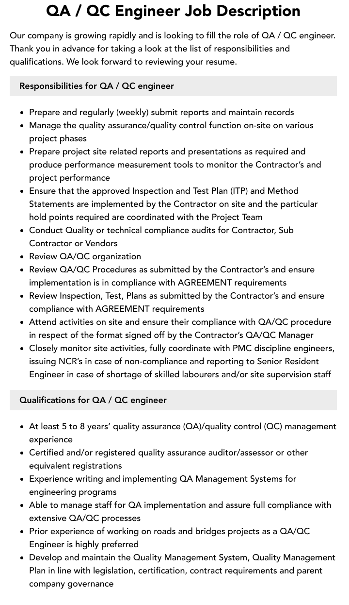Qaqc Engineer Roles And Responsibilities