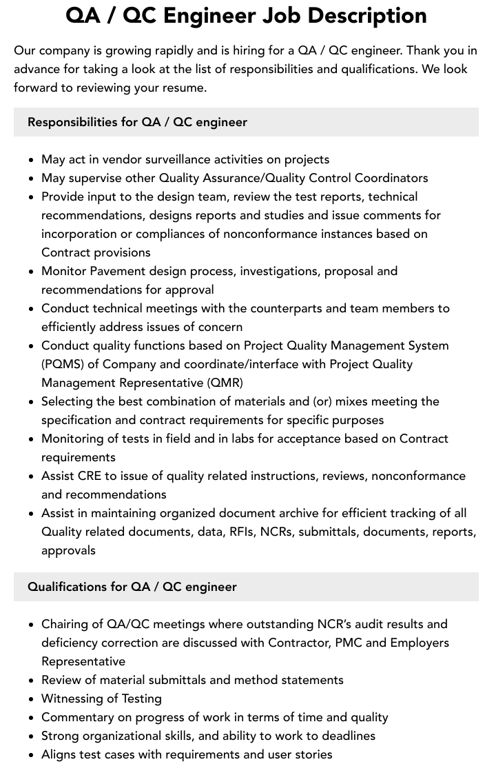 Qaqc Engineer Roles And Responsibilities