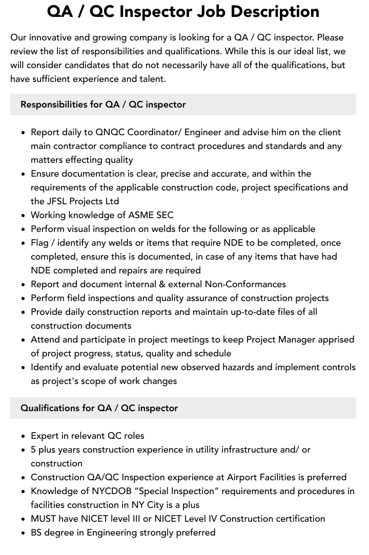 QA QC Inspector Job Description Velvet Jobs