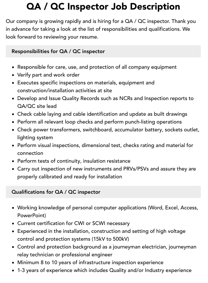 QA QC Inspector Job Description Velvet Jobs
