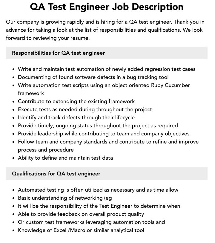QA Test Engineer Job Description Velvet Jobs