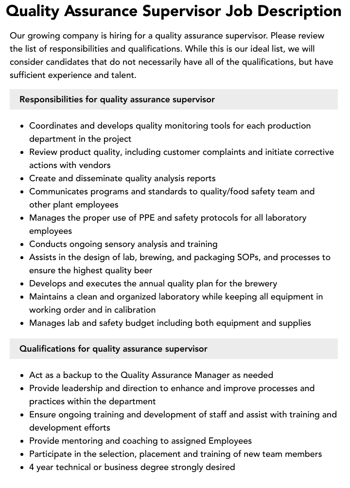 Quality Assurance Supervisor Job Description Velvet Jobs Quality Assurance Supervisor Job Description Velvet Jobs