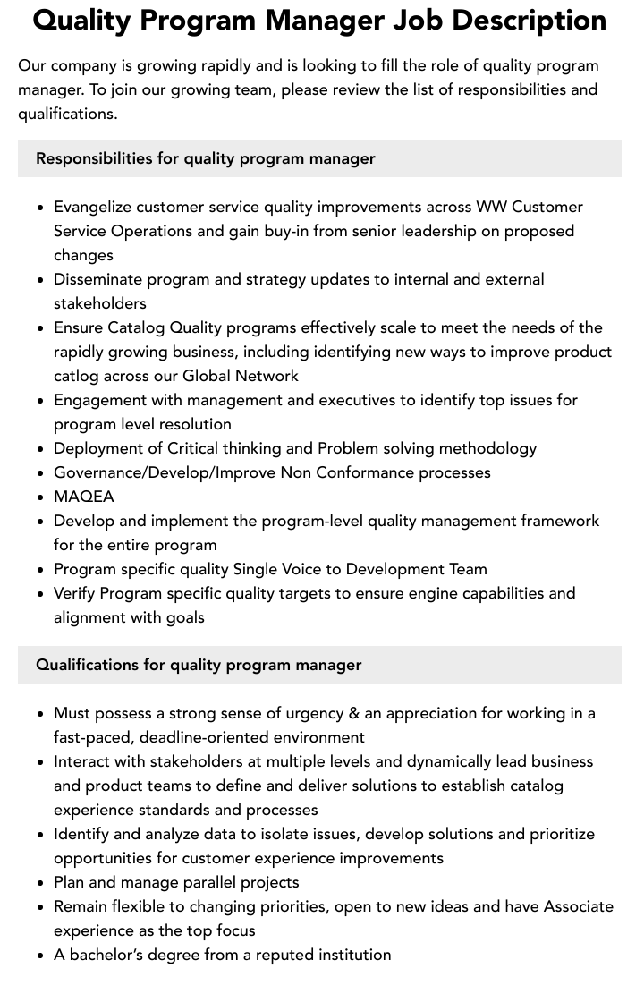 Quality Program Manager Job Description Velvet Jobs